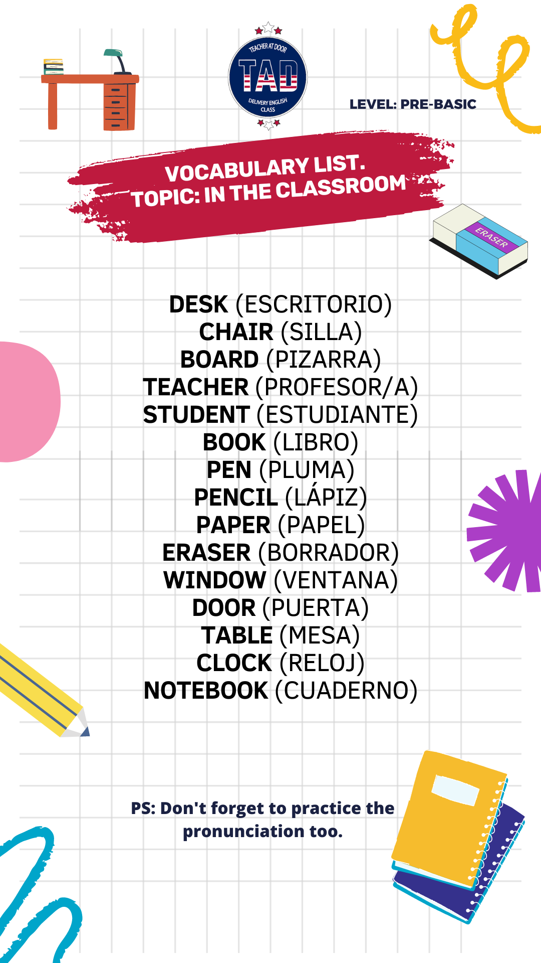 Vocabulary list: In the classroom | TAD English Class